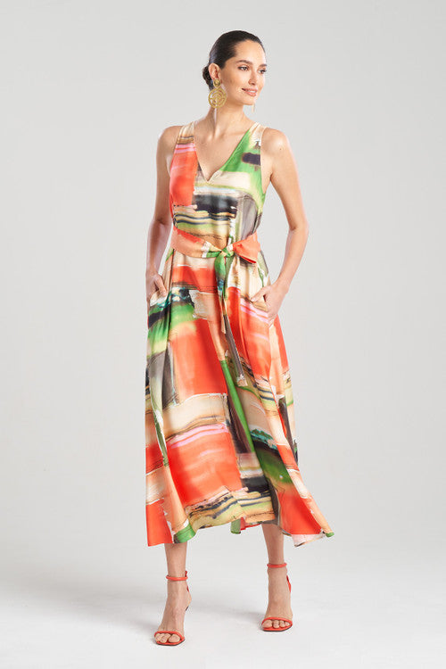 Buy Hikaru Cotton Silk Trapeze V-Neck Belted Dress in Coral Online | NATORI
