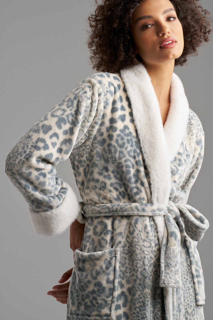Buy Cashmere Leopard Faux Fur Collar Robe in Silver White Online | NATORI