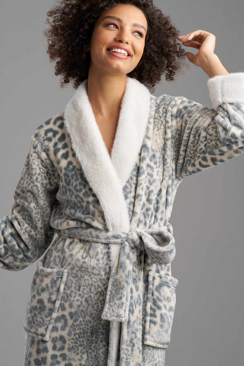 Buy Cashmere Leopard Faux Fur Collar Robe in Silver White Online | NATORI