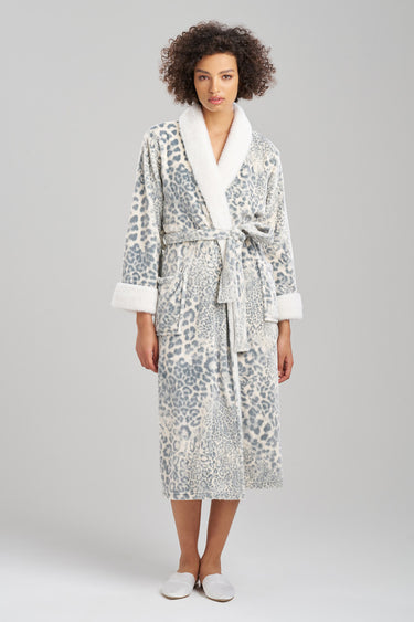 Buy Cashmere Leopard Faux Fur Collar Robe in Silver White Online | NATORI