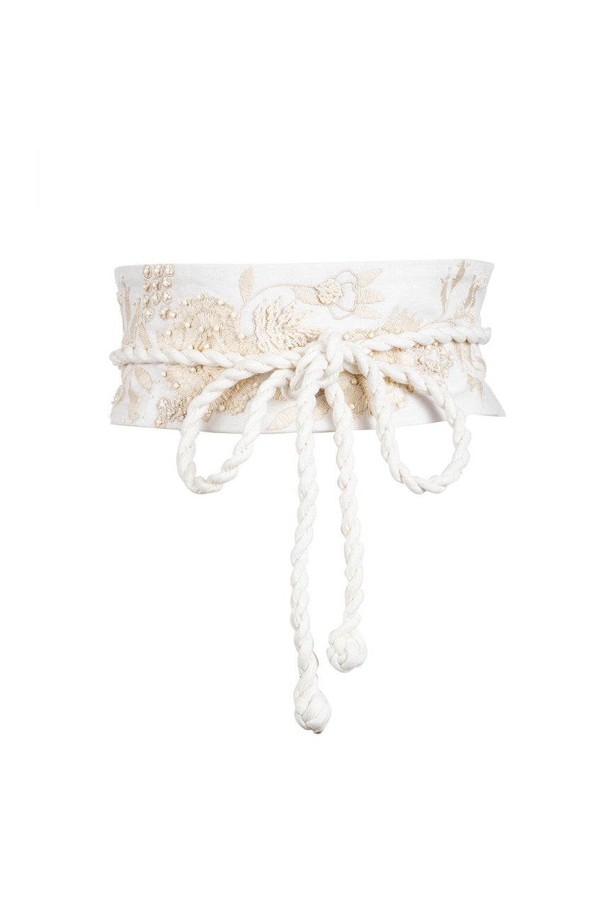 Buy Couture Luxe Linen Embroidered Obi Belt in White Online | NATORI