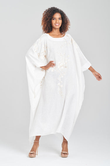 Buy Linen Embroidered Caftan in White Online | NATORI
