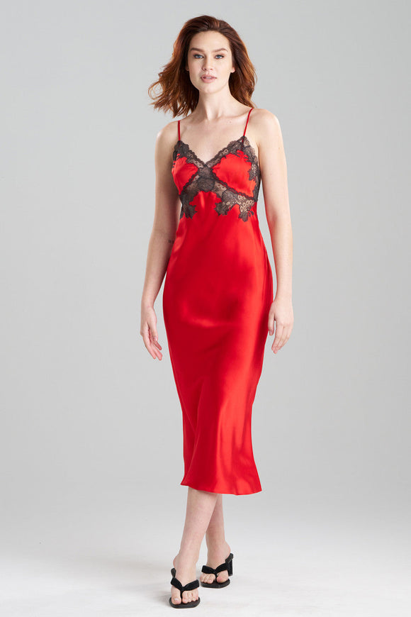 Buy Lolita Lace Low Back Silk Gown in Scarlet/Ash Black Online | NATORI