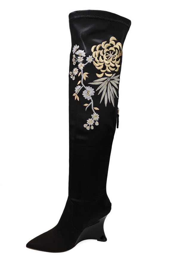 Buy Natsu Satin Embroidered Dragon Stretch Over the Knee Boot in Black ...