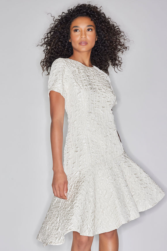 Pebbled Jacquard Short Sleeve Flounce Dress