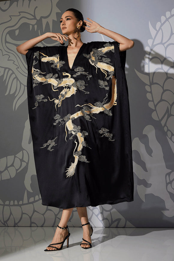 Buy Couture Lucky Dragon Embroidered Cocoon Silk Caftan in Black Online ...