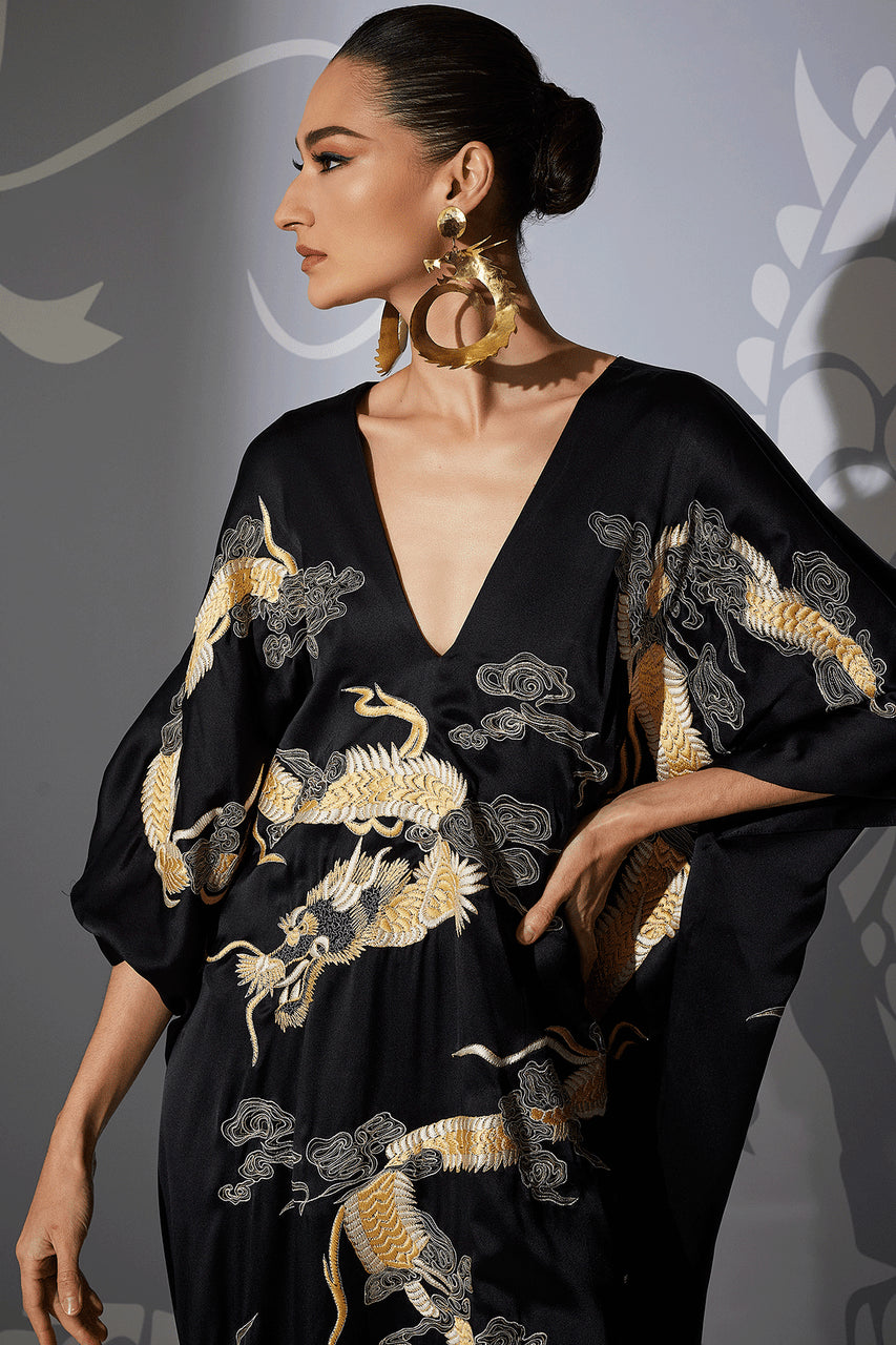 Buy Couture Lucky Dragon Embroidered Cocoon Silk Caftan in Black Online ...