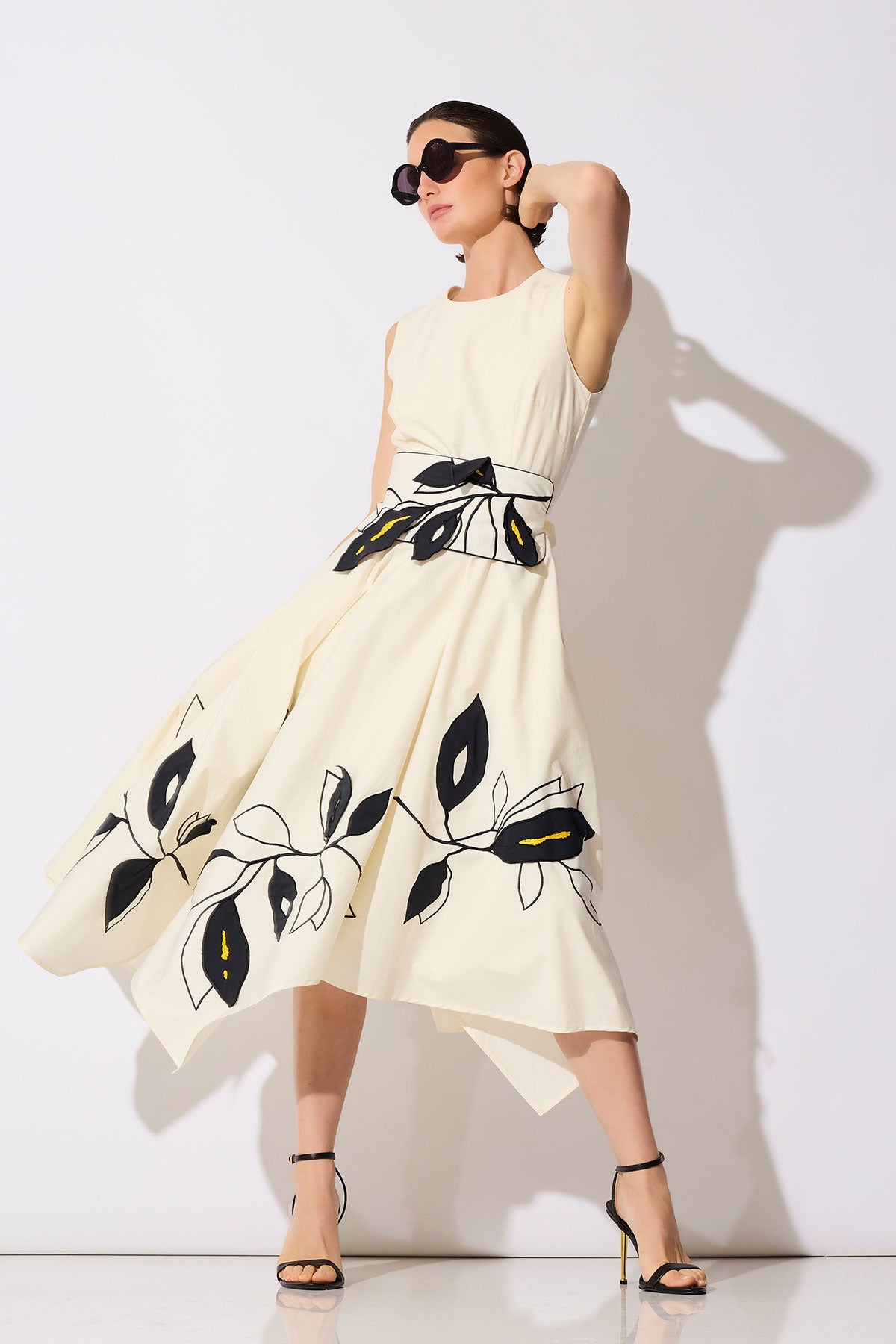 Tech Cotton Taffeta Embroidered Leaf Obi Belt